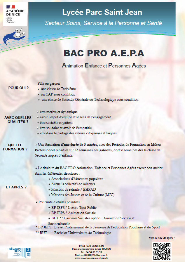 Les métiers de l'Animation, Enfance et Personnes Agées (AEPA) -LYCEE REGIONAL PARC SAINT JEAN